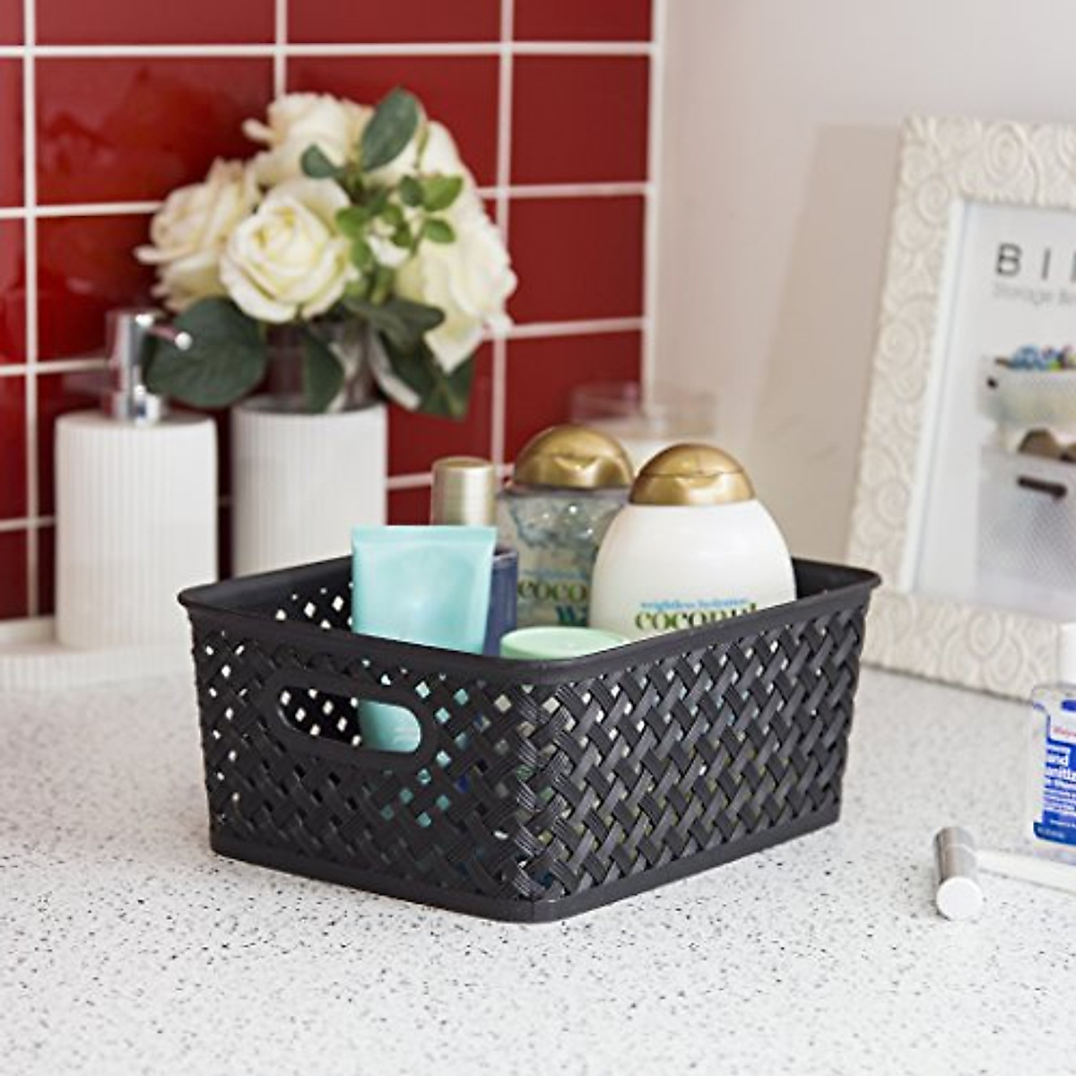 BINO | Plastic Basket, Small - Black - 5 Pack | THE PLAIT COLLECTION | Multi-Use Storage Bins | Durable, Drawer & Cabinet-Friendly | Storage Baskets for Organizing | Pantry & Closet Organizer