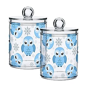 BOENLE 2 Pack Qtip Holder Organizer Dispenser Owls Snowflakes Winter Christmas Bathroom Storage Canister Cotton Ball Holder Container for Cotton Swabs/Pads/Floss