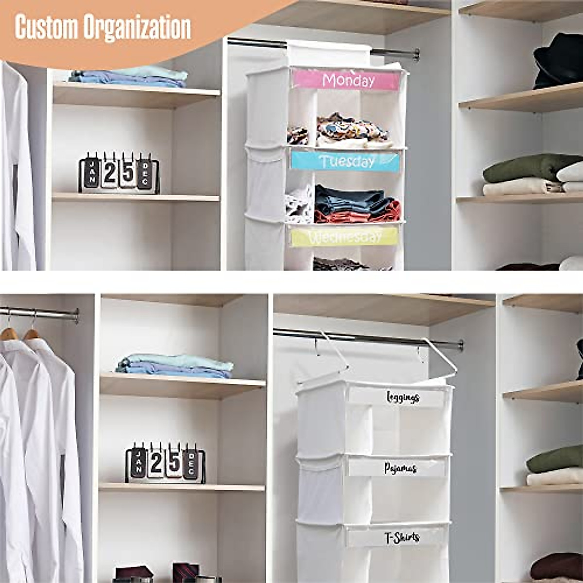 Houseables Kids Closet Organizers and Storage, Weekly Hanging Clothes Organizer, Daily Kid Outfit Organization, 6 Shelf, 39"x12"x12", White, Days of The Week Clothing System, Monday Through Friday