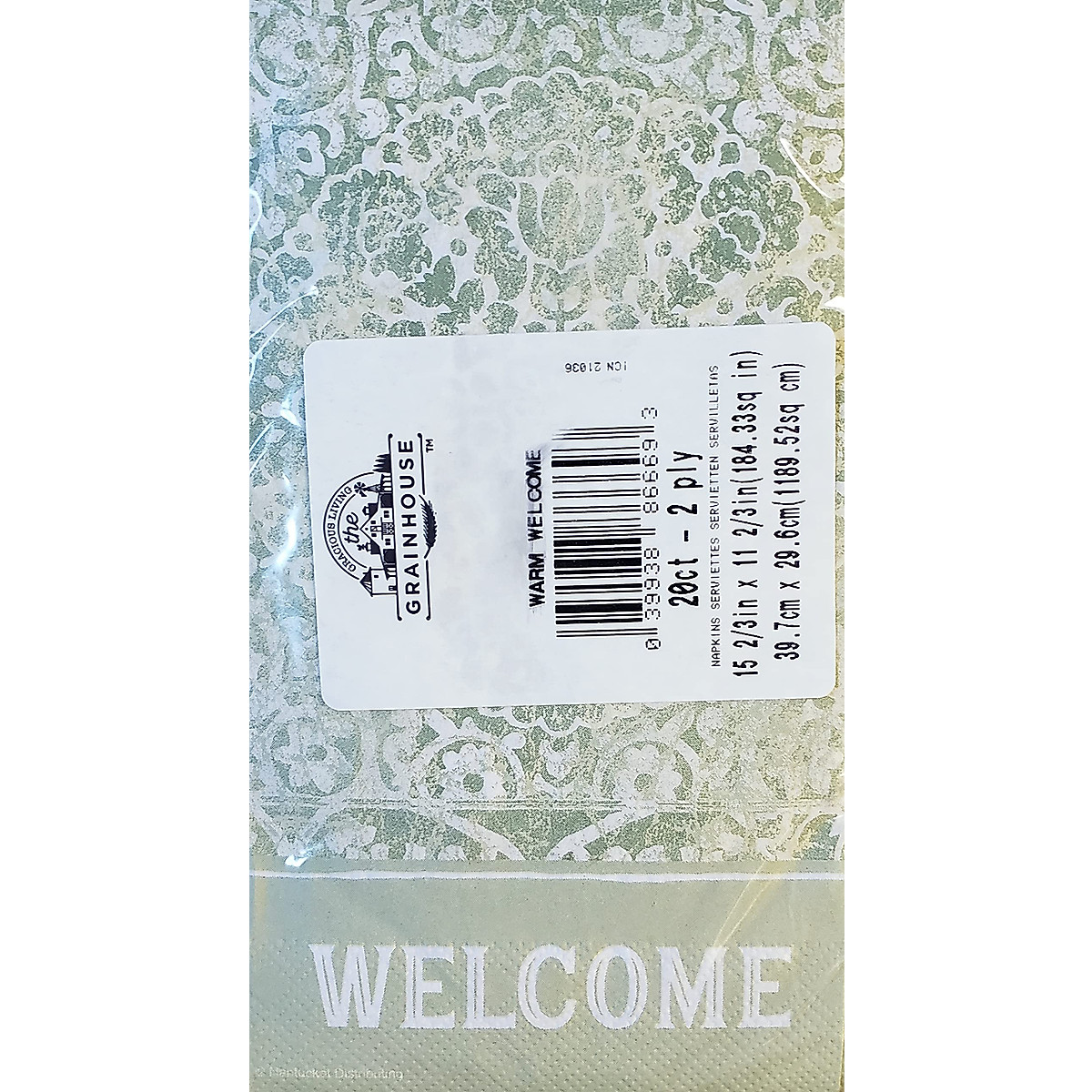 Nantucket Grainhouse Warm Welcome Sage Green and CreamWatercolor Stamped Floral Design Guest Hostess Dinner Paper Napkin, 4.25" x 7.75" folded, 20 count, 2 ply