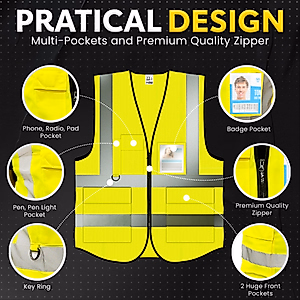 PeerBasics Safety Vest 10 Pack, Yellow, ANSI Class 2, Reflective, For Men Women Unisex, With Pockets Zipper, Breathable Mesh (Large)