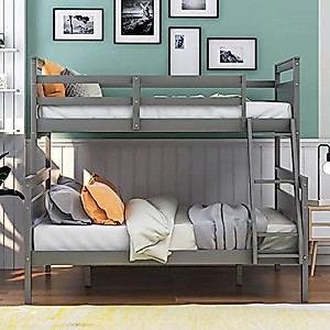 Twin Over Full Bunk Bed,Solid Pinewood Bedframe w/Safety Guardrails and Ladder,Can Be Separated into 2 Beds,for Dorm,Bedroom,Guest Room Furniture,No Box Spring Needed,Gray