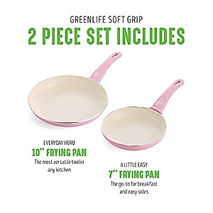 GreenLife Soft Grip Healthy Ceramic Nonstick 7" and 10" Frying Egg Omeltte Pan Skillet Set, PFAS-Free, Dishwasher Safe, Soft Pink