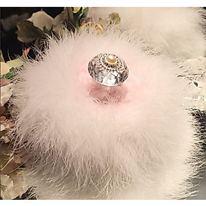 Dusty Pink Faux Fur Bath Dusting Powder Puff Trimmed in Ivory Marabou Down Feathers with Pearl and Rhinestone Embellished Handle