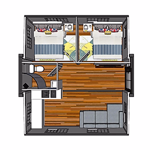 SAA Gray Modern House, 19 x 20 FT, 2 Rooms, 1 Bathroom & 1 Kitchen, Alloy Steel, Foldable Outbuilding – Light Blue Gray