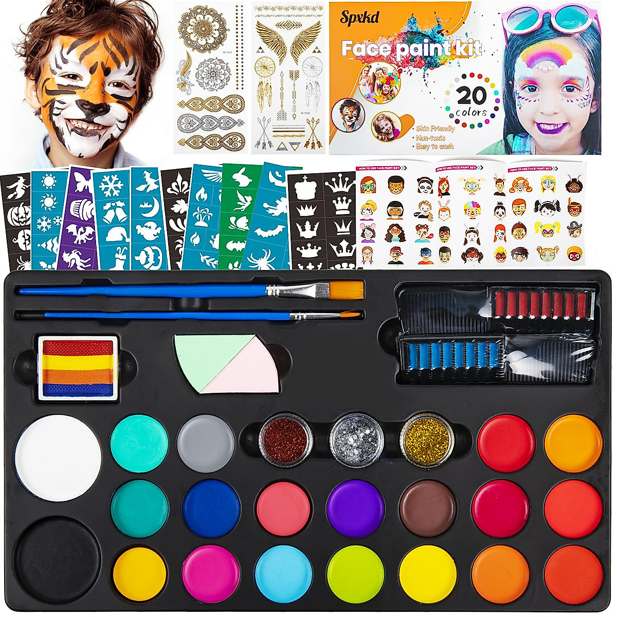 Face Painting Kit for Kids 20 Water Based Non-Toxic Sensitive Skin Paints 100 Stencils 3 Glitters 2 Hair Chalks Combs 2 Tattoos Sheets Face Painting Book Safe Professional Face Paint Kit For Kids