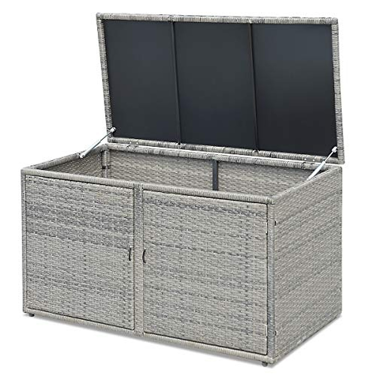 LDAILY Rattan Storage Box, Wicker Storage Box with 2 Shelves, Outdoor Deck Box, Backyard Garden Storage Box with Lid, Rattan Storage Box for Storing Accessories, Tools and Toys - Grey
