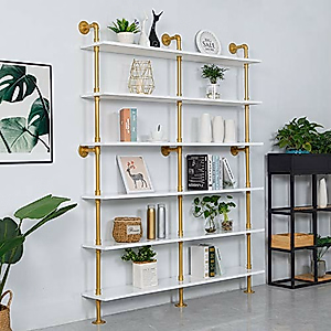 Industrial 6-Tiers Modern Ladder Shelf Bookcase,Solid Wood Storage Shelf,Display Shelving, Wall Mounted Wood Shelves, Pipe Wood Shelves Bookshelf Vintage Wrought Iron Finish (White)