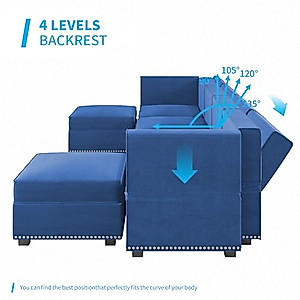 Mjkone Velvet Modular Sectional Sofa with Adjustable Armrest and Backrest for Living Room，U Shaped Couch 6 Seater Convertible Sectional Couch with Indidual Storage Ottoman -Velvet Blue
