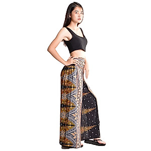 Orient Trail Womens Palazzo Wide Leg Slit Split Leg Yoga Wrap Pants Casual Beach Boho Hippie Bohimian Pilate Flowy Pilates Medium Peacock Black