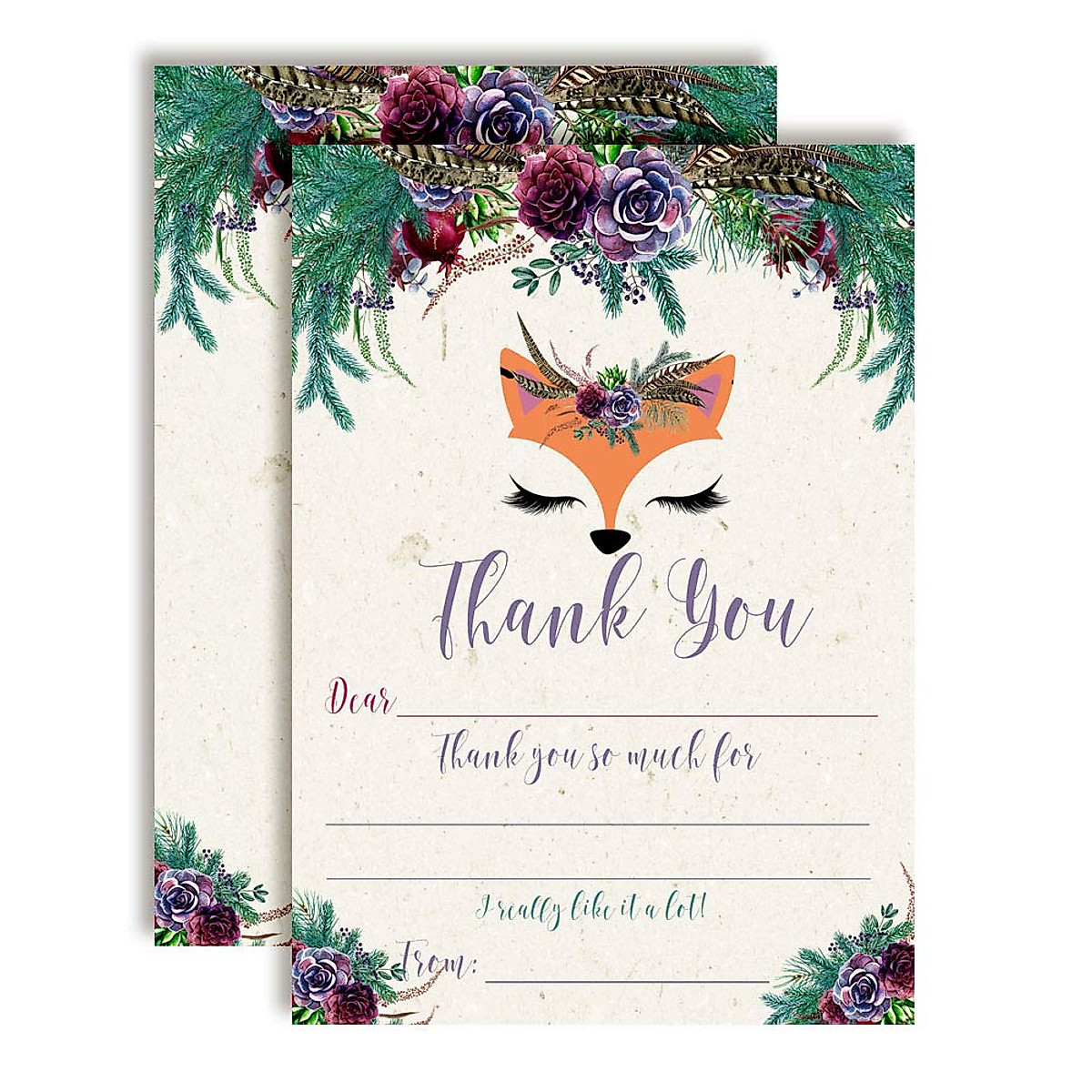 Woodland Forest Fox Face Floral Thank You Notes, Ten 4" x 5.5" Fill In The Blank Cards with 10 White Envelopes by AmandaCreation
