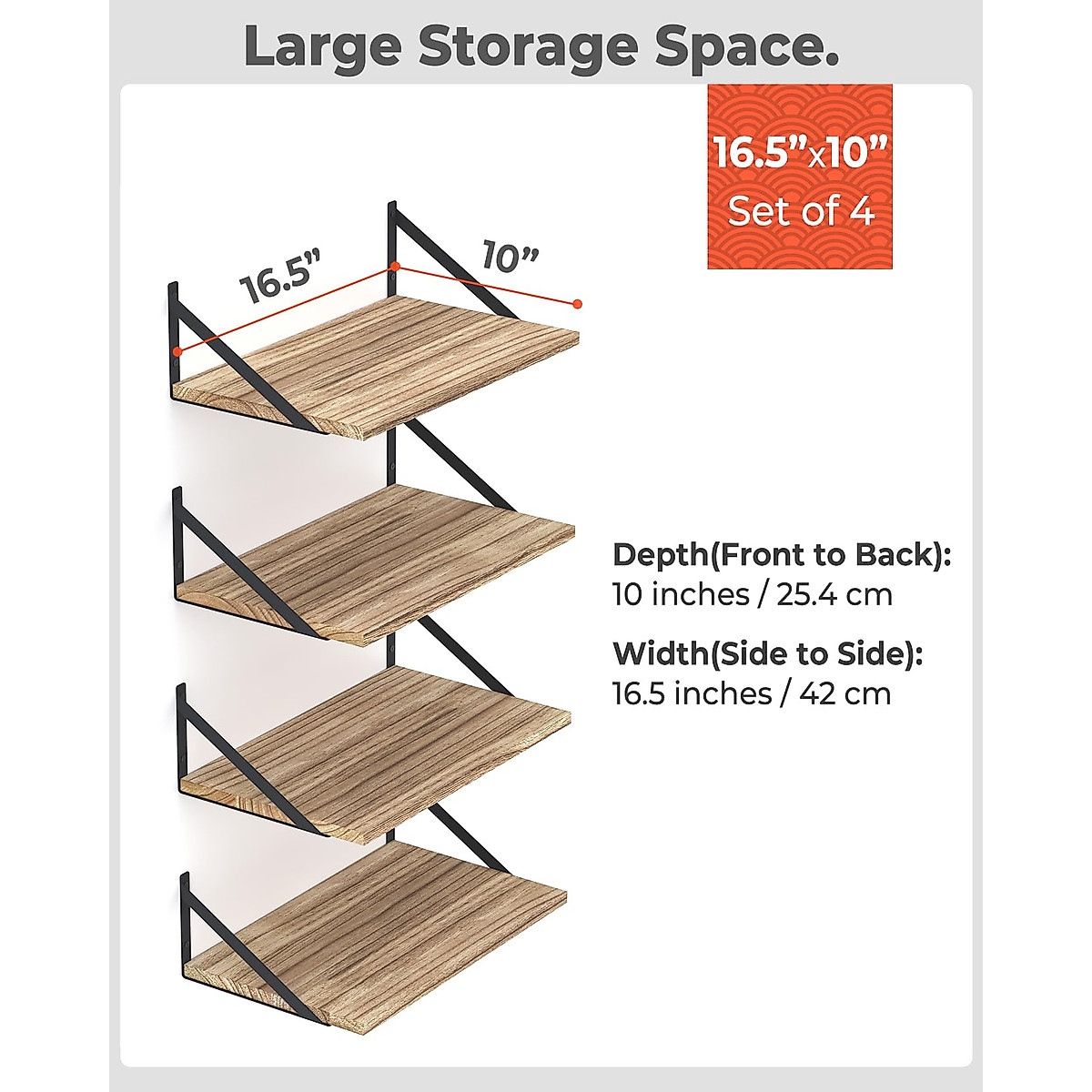 Greaittle 10 Inch Deep Floating Shelves, 16.5" x 10", Set of 4, Natural Wood Floating Book Shelves for Bedroom, Living Room, Rustic Wall Shelves for Books, Plants and More, Burnt Wood Finish