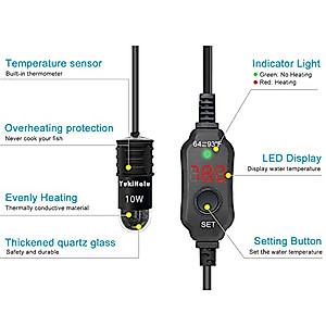 YukiHalu USB Powered Aquarium Heater, 10W/20W/30W Adjustable Mini Fish Tank Heater with External Temperature Controller, LED Display, Used for 0.5-1 Gallon Tank (10W USB)
