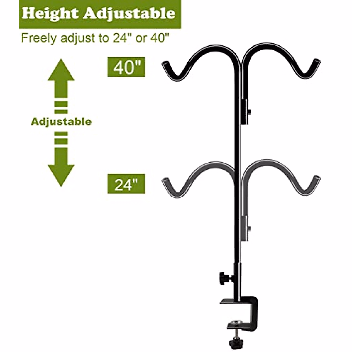 Koutemie 40 Inch Tall Double Deck Hook for Railing, Adjustable Outdoor Shepherds Hook with 2-Inch Strengthened Clamp for Hanging Plant Bird Feeder, 1 Pack