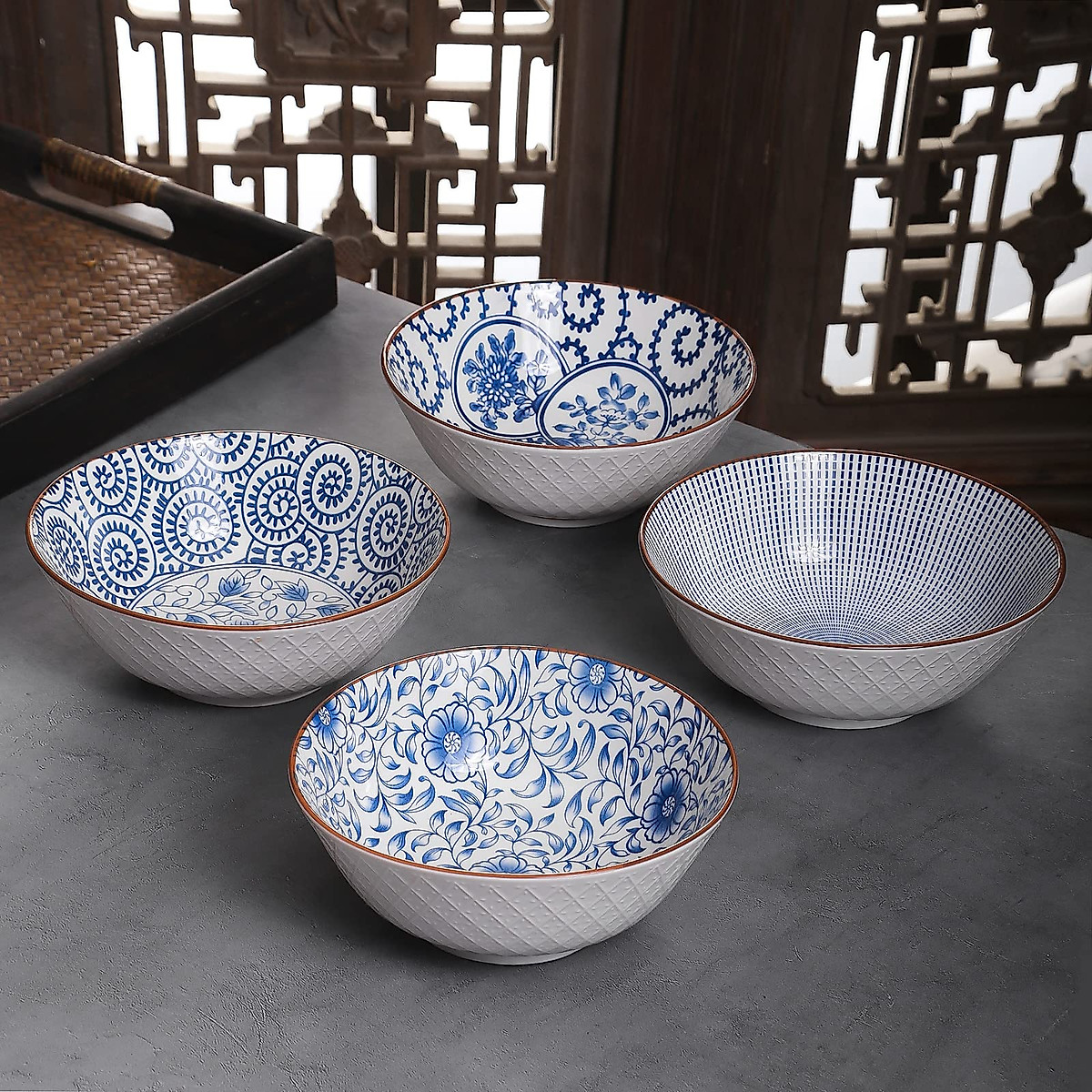 AnBnCn 40 OZ Large Ceramic Bowls Set of 4 - Blue and White Porcelain - Ideal for Pho, Ramen, Salad, Soup, Cereal and Fruit - Dishwasher & Microwave Safe(Assorted Patterns)