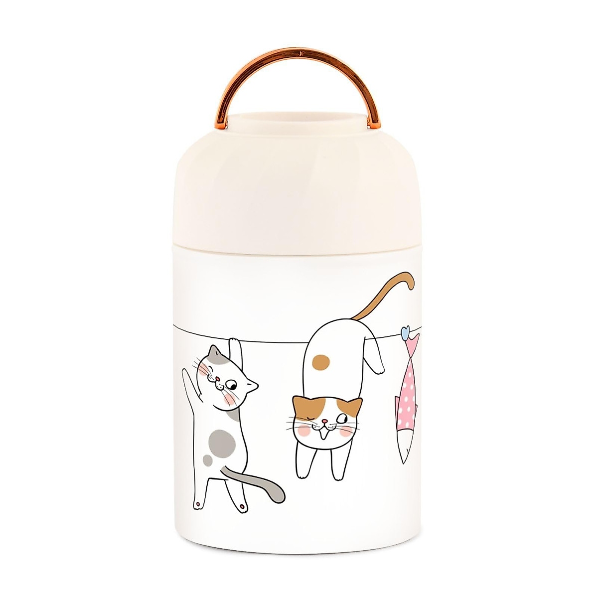 CUPADA Cute Cat Fish Food Jar, Funny Kittens Insulated Hot Food Jars Vacuum 17OZ with Folding Spoon for Work Trip Picnic Camping