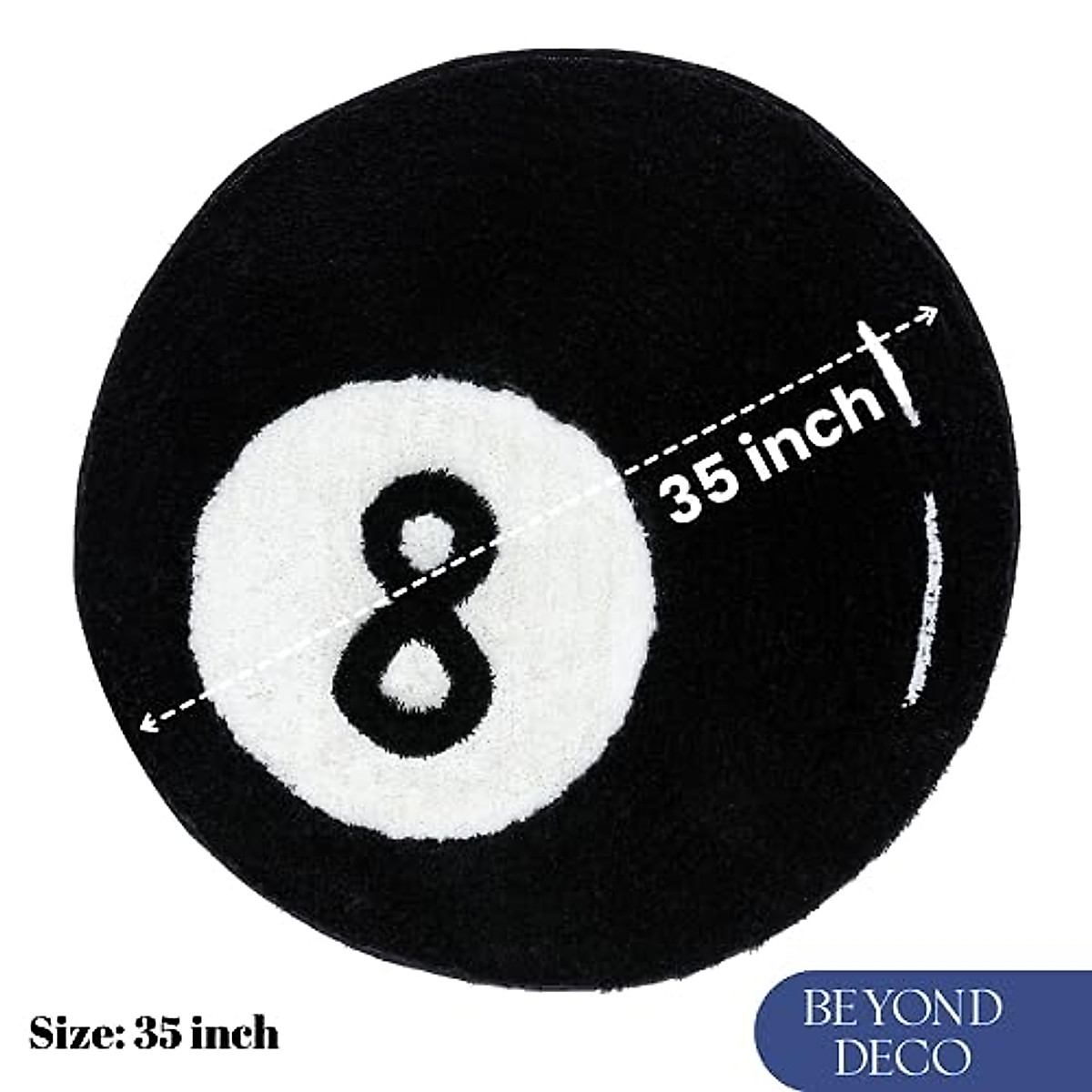 Beyond Deco 8 Ball Rug 35” Inches, Handmade Tufted Round Aesthetic Area Rugs, Fluffy & Preppy Decor 8ball Design, Perfect for Living Room, Bedroom, playroom Soft Cool Floor Carpet