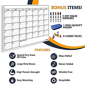 Jumbo Dry Erase Laminated Wall Calendar, Huge 36 Inch by 48 Inch Size, Monthly Planner for Home Office Classroom, Large Date Boxes, Reusable PET Film, Never Folded, 5 Markers, 8 Tacks, 1 Eraser