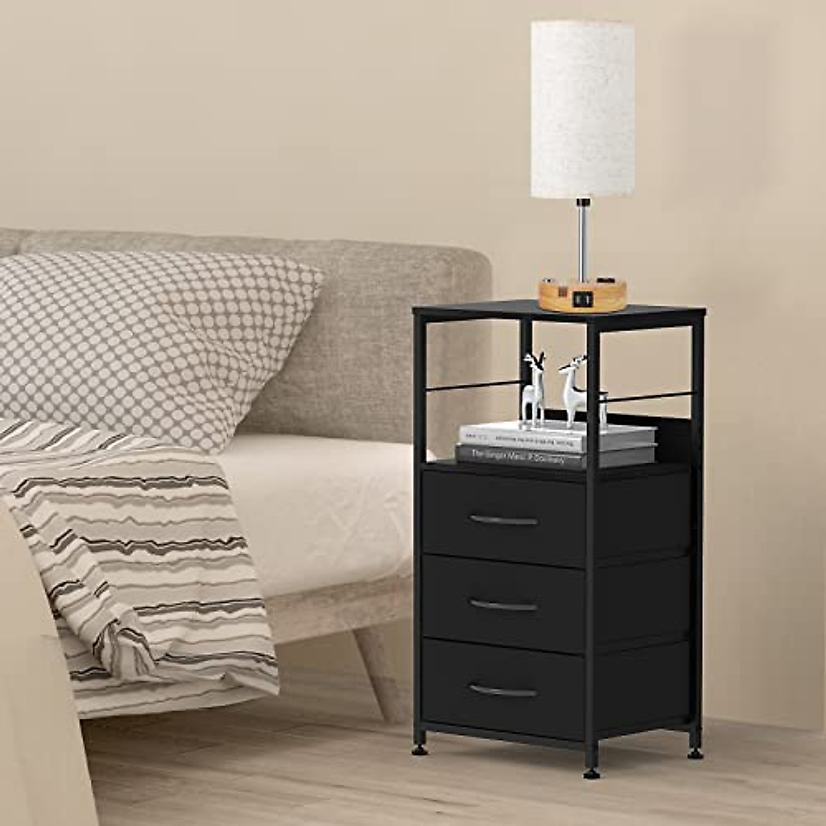Black Nightstand with Drawer Set of 2, Tall End Table Bedroom Night Stand Side Table with 3 Fabric Drawers Modern Bedside Table with Storage Shelf for Office, Study