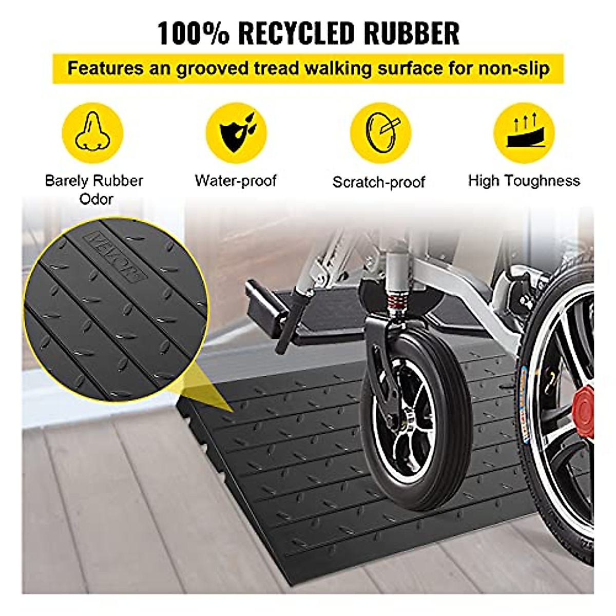 VEVOR Rubber Threshold Ramp, 3" Rise Threshold Ramp Doorway, 3 Channels Cord Cover Rubber Solid Threshold Ramp, Rubber Angled Entry Rated 2200 Lbs Load Capacity for Wheelchair and Scooter