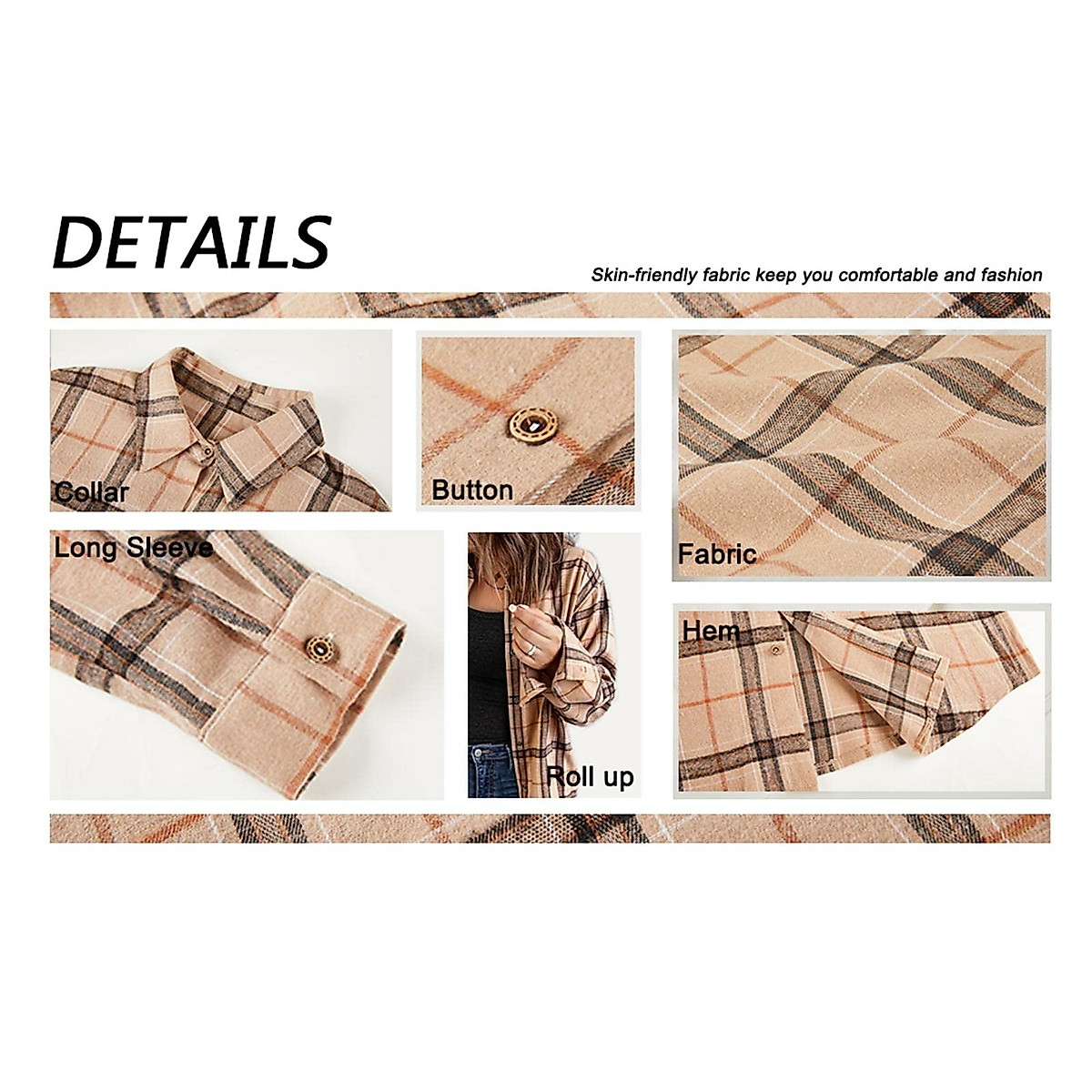 Womens Long Sleeve Flannel Shirts Plaid Flannels Lapels Collared Button Down Shacket Casual Rolled Up Boyfriend Blouse Tops Khaki