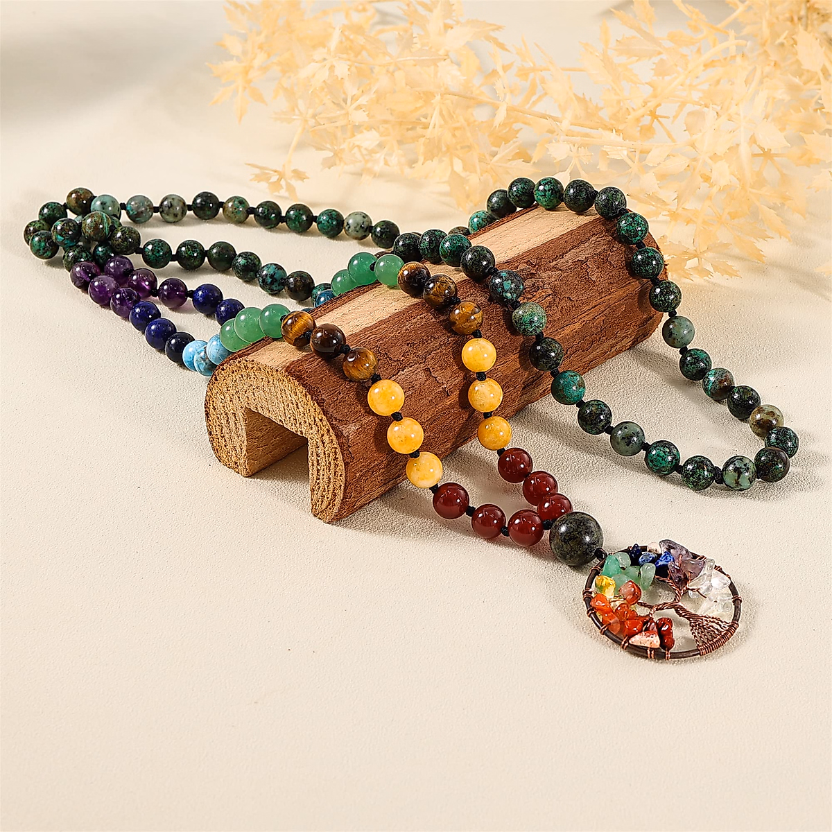 Bivei 108 Mala Beads Necklace Tree of Life 7 Chakra Wrap Bracelet Real Healing Gemstone Yoga Meditation Hand Knotted Mala Prayer Bead Necklace(African Turquoise 8mm)