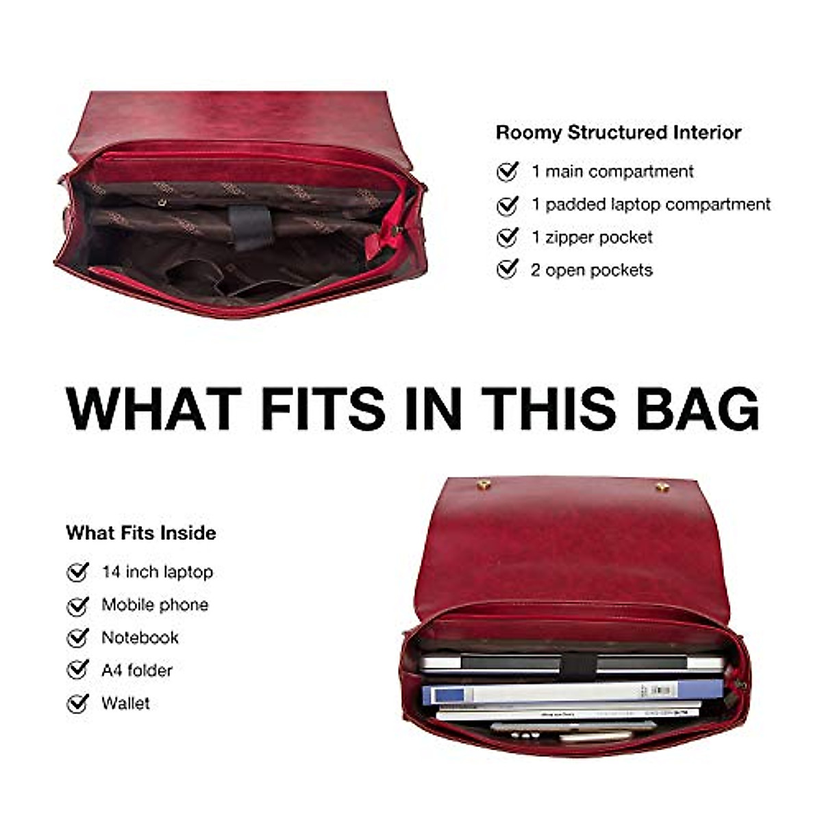 ECOSUSI Briefcase for Women Laptop Bag for College Briefcase Crossbody Messenger Bags Vegan Leather Satchel Purse Fit 14 Inches Laptop, Red