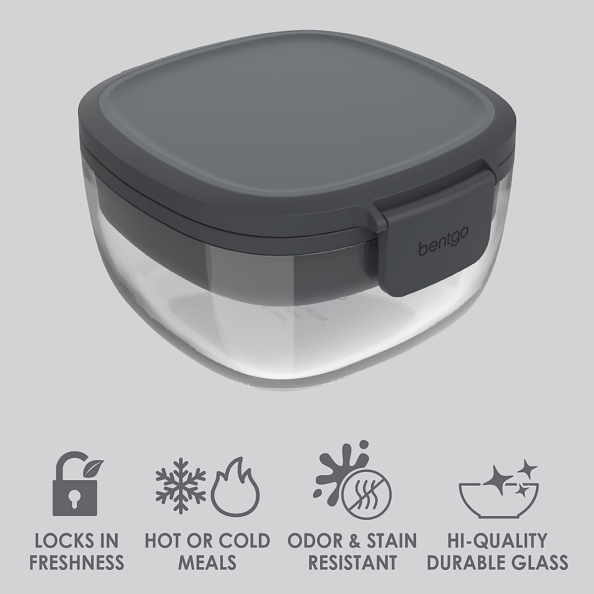 Bentgo® Glass - Leak-Proof Salad Container with Large 61-oz Salad Bowl, 4-Compartment Bento-Style Tray for Toppings, 3-oz Sauce Container for Dressings, and Built-In Reusable Fork (Dark Gray)