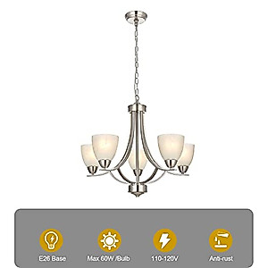 BONLICHT 5 Light Transitional Chandeliers Brushed Nickel Contemporary Dining Room Light Fixtures Ceiling Hanging Modern Pendant Lighting with Alabaster Glass Shade for Living Room Bedroom Foyer Hotel