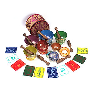 ESK GROUP Tibetan Singing Bowl Set of 7, Chakra Colors Decor Himalayan Singing Bowl w/ engraved Symbols, Handmade, Comes w/ silk cushions, 7 sticks, Flag & Silk Box, ESK-05