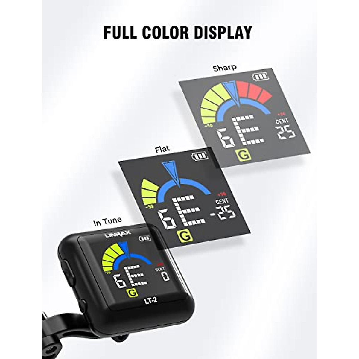 Linrax LT-2 Guitar Tuner Rechargeable Clip On Tuner for Guitar, Bass, Ukulele, Violin, Banjo, Chromatic Tuner with LCD Color Display, Digital Tuner for Stringed Instruments, Guitar Accessories, Black