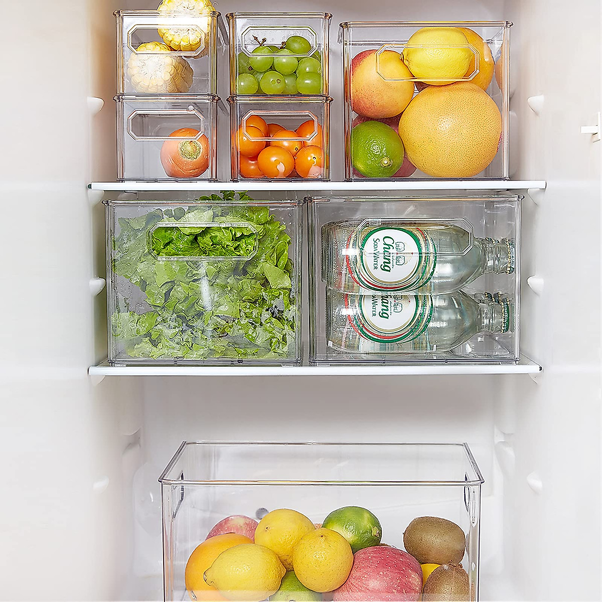 elabo Food Storage Containers Fridge Produce Saver- Stackable Food Storage Organizer Bins for Veggie, Berry and Fruits, Multi-Function Containers, Clear Plastic BPA Free