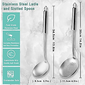 Pleafind 2-Pcs Ladle and Slotted Spoon, Soup Ladle and Strainer, Stainless Steel Cooking Utensils, Wok Utensils for Home and Restaurant, Dishwasher Safe