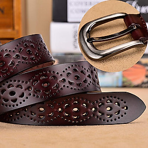 ESPOFY Women's Belt Hollow Flower Genuine Leather Belt for Jeans Pants with Alloy Buckle Brown 45 inch (115cm)