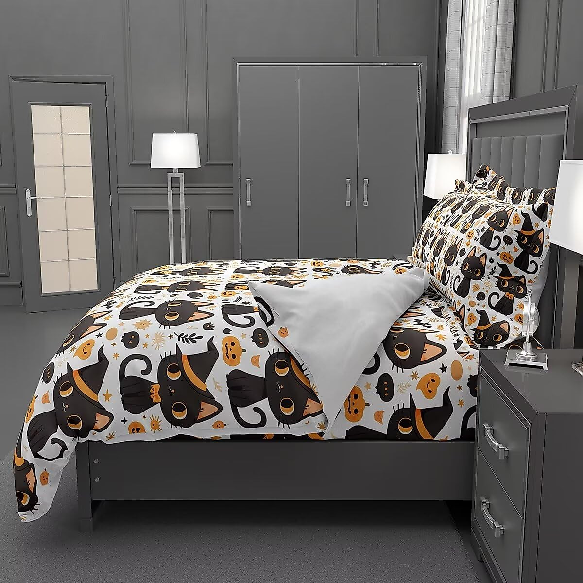 Lokaluo 3D Printed Duvet Cover Twin Size Pumpkin Lights Ghost Cat Star Bat Twin Duvet Cover Set for Kids Adults Ghost Festival Themed Bedding Sets Halloween 3 Pcs Comforter Cover with 2 Pillowcases