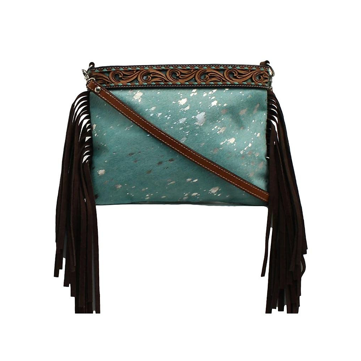 M & F Western Women's And Metallic Hair-On Hide Tooled Leather Fringe Crossbody Turquoise One Size