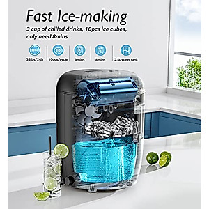 33Lbs Ice Maker Countertop, 10 Ice Cube Ready in 8-9 Mins, Crystal Clear Ice, 33Lbs/24H, Self-Cleaning Clear Ice Maker Machine, 2 Sizes Ice Cube Maker, Ice Scoop/Basket/Hook, for Home Camping Party RV