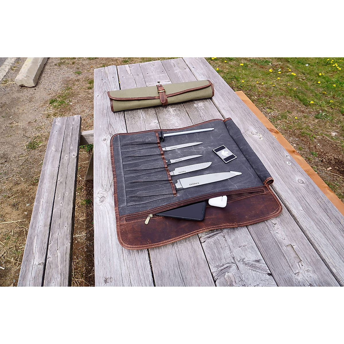 Chef Kniferoll Bag Leather and Waxed Canvas (Olive Green)