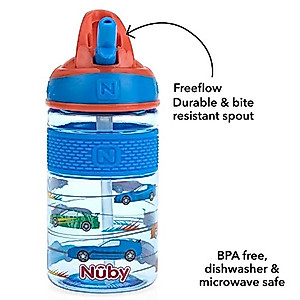 Nuby Thirsty Kids Flip-it Freestyle 12 oz Water Bottle with Bite Resistant Hard Straw, Blue Cars