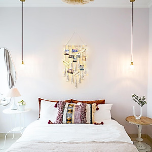 Mkono Hanging Photo Display Boho Macrame Wall Decor with Light, Teen Girl Teenage Gifts, Pictures Cards Frame Holder Art Hanger for Birthday Party Room Bedroom Dorm, with 30 Wood Clips, Ivory