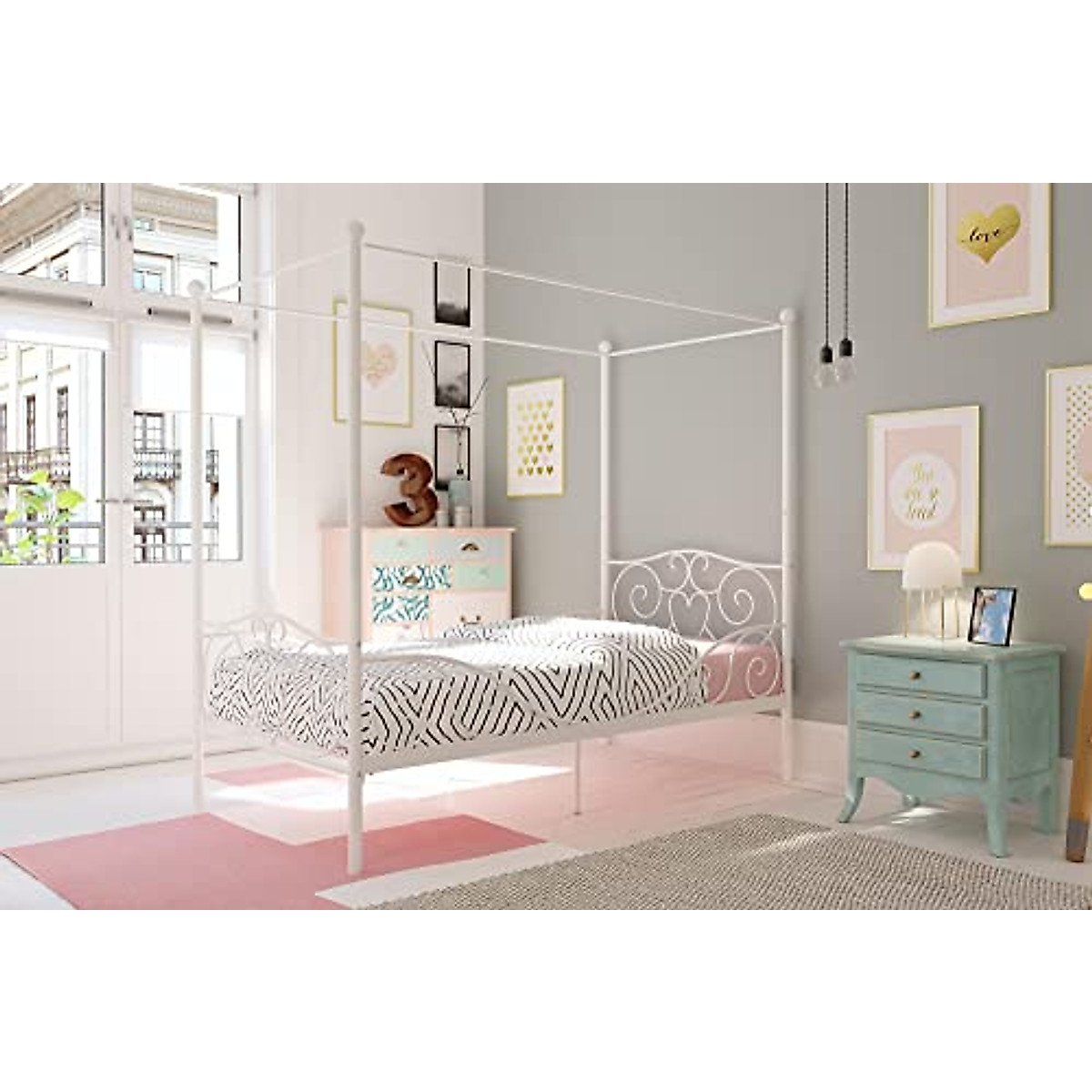 DHP Metal Canopy Kids Platform Bed with Four Poster Design, Scrollwork Headboard and Footboard, Underbed Storage Space, No Box Sring Needed, Twin, White