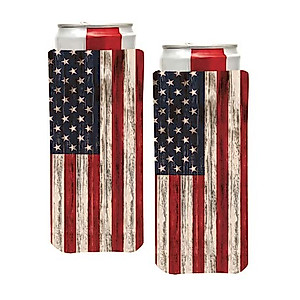 PKM - (2) Distressed USA AMERICAN FLAG Slim Can Cooler Sleeve - Beer Blank Skinny 12 oz Neoprene Coolie - Perfect For 12oz Red Bull, Michelob Ultra,Truly