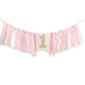 WAOUH Pink Highchair Banner - High chair Banner Decoration for First/1st Birthday, Cake Smash Photo Prop, Baby Girl Shower Anniversary Party, Gold one Birthday Sign.
