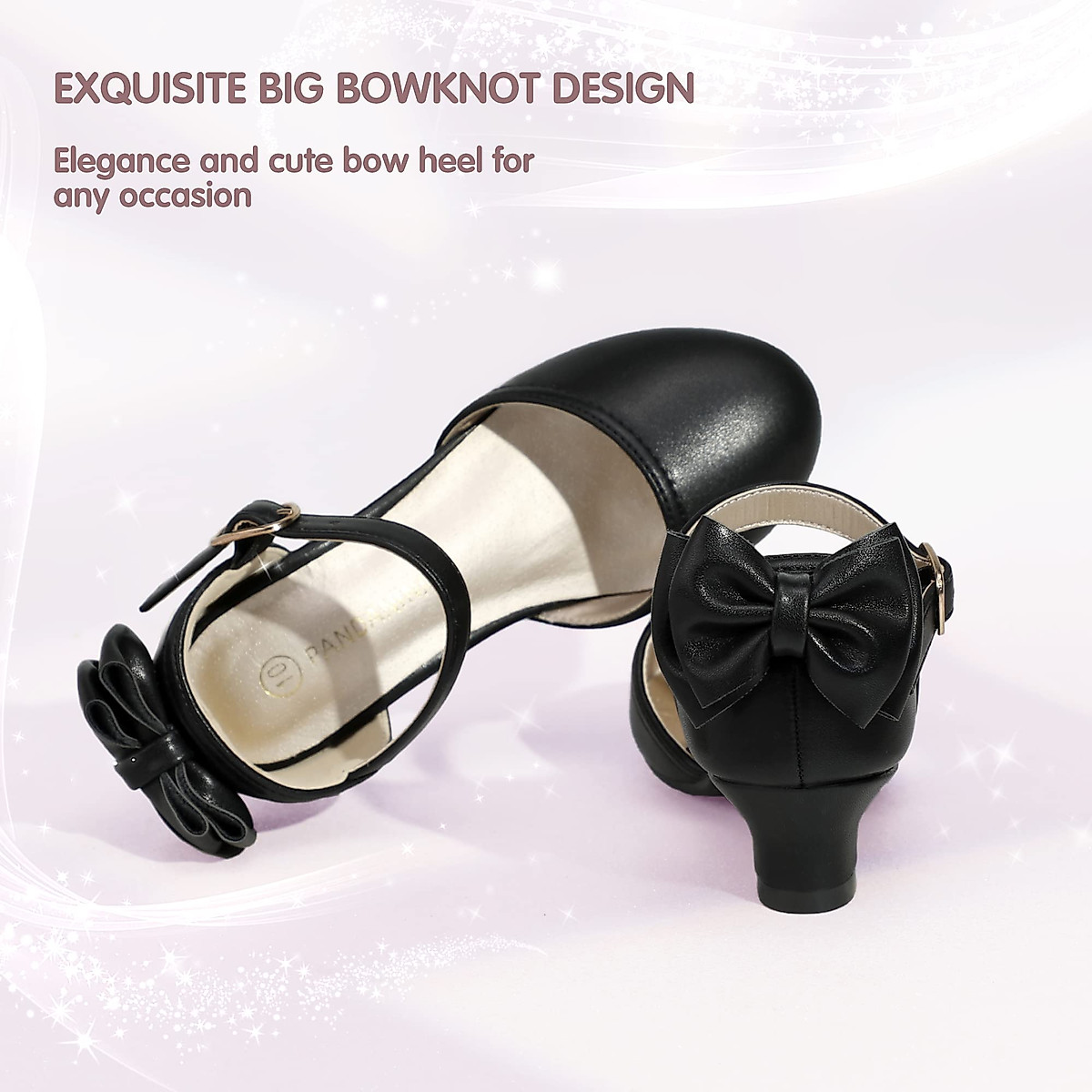 PANDANINJIA Girls Heels Sandals Toddler Flower Girl Dress Shoes Princess Mary Jane Pumps Low Heel Wedding Party Wendy Shoes for Little Kid/Big Kid Size 2, Black Pu