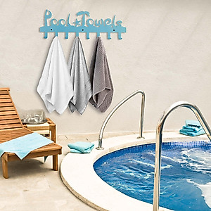 OYEFLY Pool Towel Rack,Wall Mount Towel Hooks Towel Holder with 8 Hooks,Pool Area Outside Sign (Blue, 14.8in)