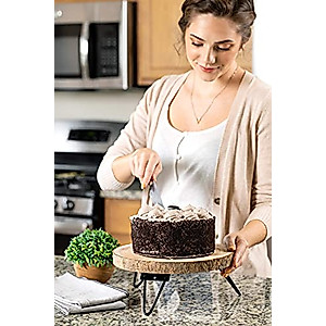 Timber Tree 10 inch Wood Cake Stand for Dessert Table - Round Rustic Cake Holder Tray Wooden Serving Platter Pedestal Centerpiece Decoration with Sturdy Hinged Metal Legs for Wedding Cakes