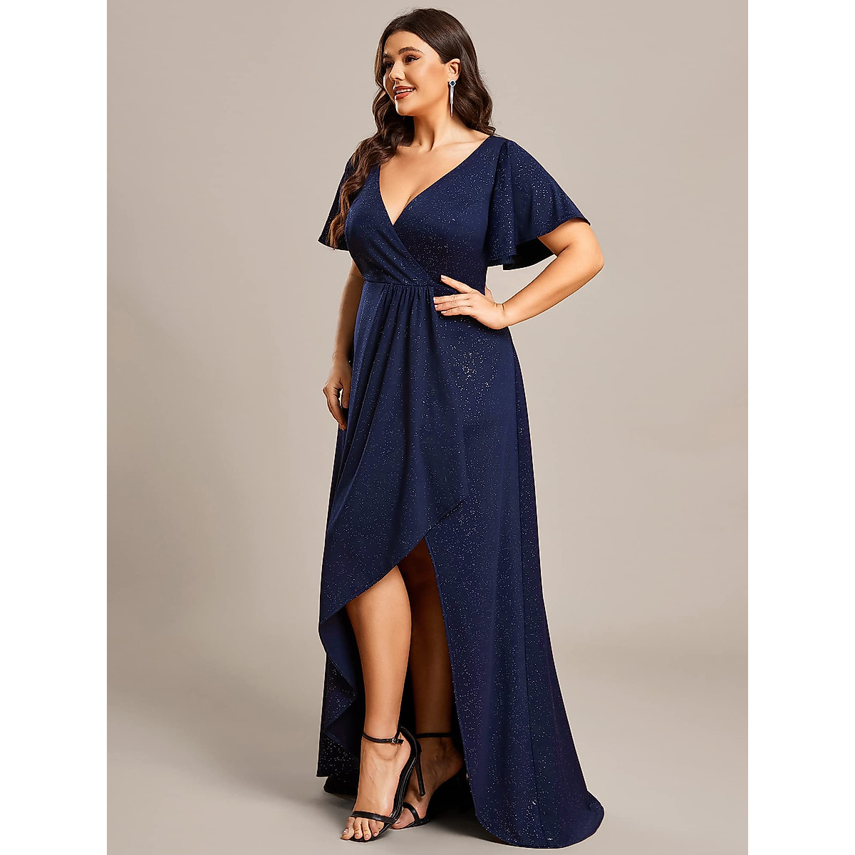 Ever-Pretty Plus Women's Plus Size Glitter A-Line Ruffle High-Low Summer Cocktail Dress with Sleeves Navy Blue US16