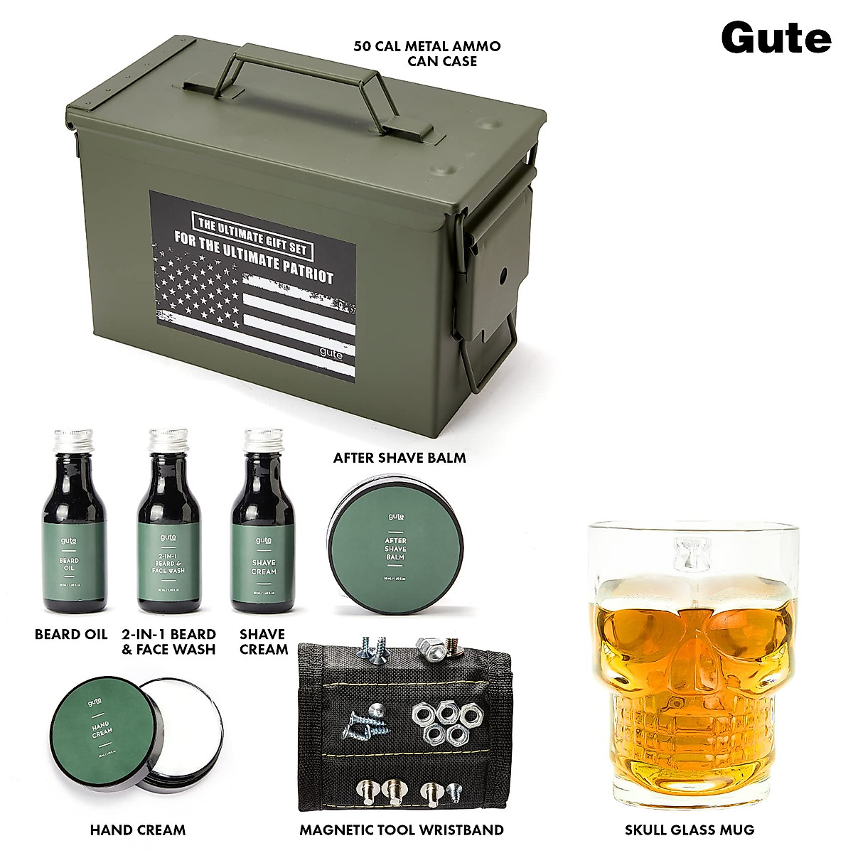 GUTE Gifts for Men & Dad, Birthday Gift, Box Real 50 Cal Ammo Set - Grooming & Shaving Set Perfect Gifts Ideas for Him - Military Storage Container, Skull Beer Mug Shave, Wash, Body Care
