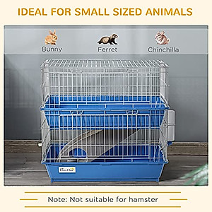 PawHut 2-Tier Guinea Pig Cage, Ferret Cage, Chinchilla Cage, Small Animal Cage Indoor with Dish and Bottle, 2 Doors, Deep Bottoms, Ramp, 28", Blue