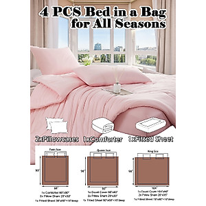 MorroMorn Pink Comforter Set Twin, 4 PCS Bed in a Bag for All Season, Pink Bed Set Cloud Comforters, Fitted Sheets, Pillowcases, Soft for Girls Kids Teen Preppy Dorm (Pink, Twin/Twin XL)